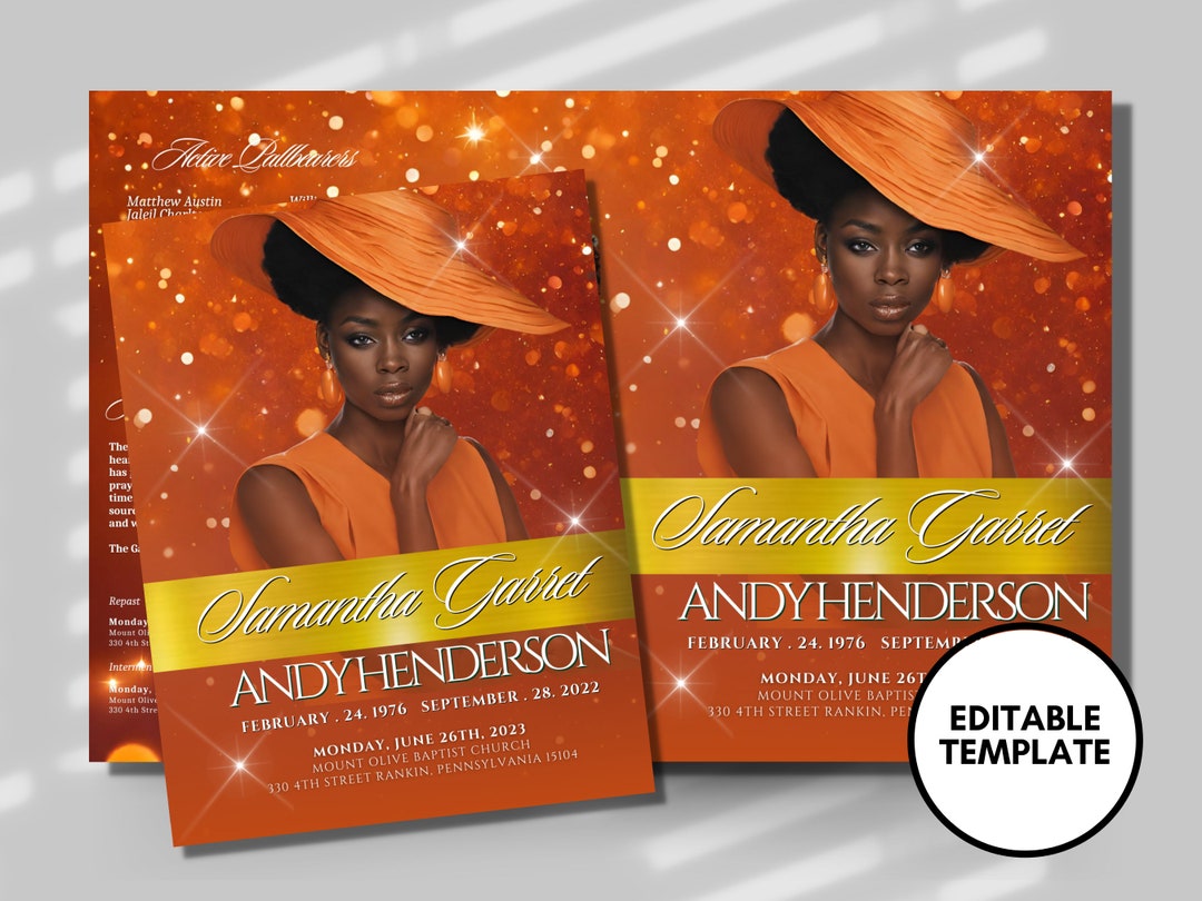 Glitter Orange Funeral Program: Celebration of Life Keepsake (digital ...
