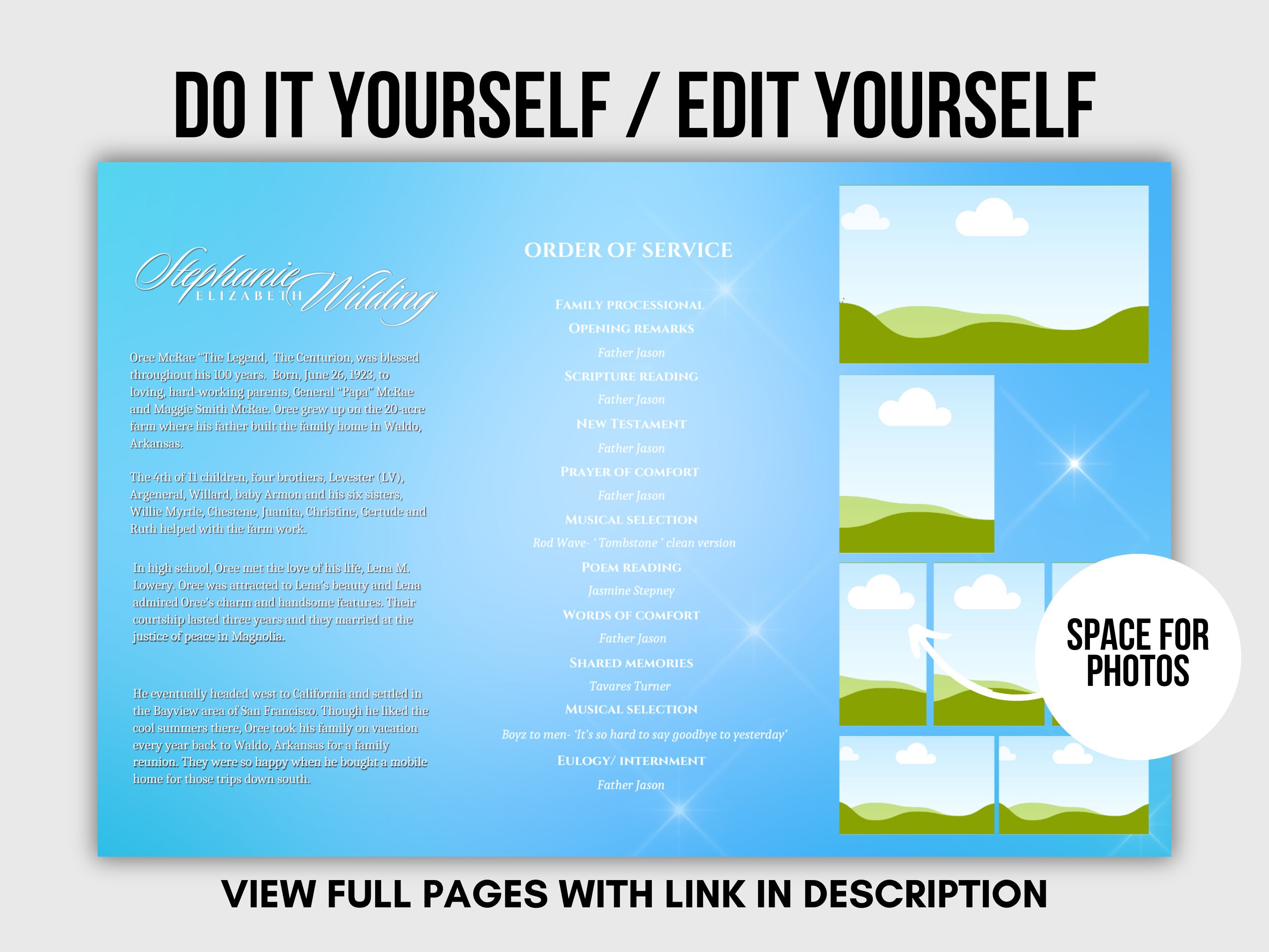 Light Blue Funeral Program Template: Trifold Memorial Booklet (17x11 ...