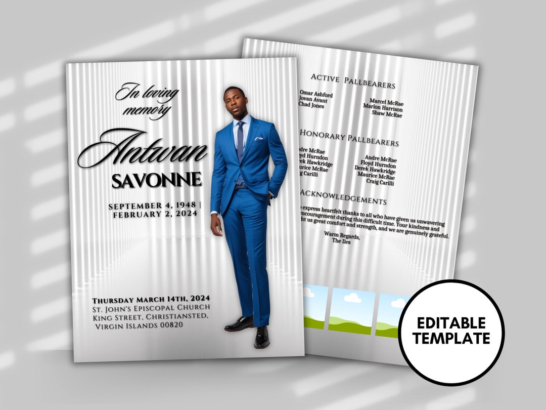 Men's Funeral Program Template: Classy White Design (8.5x11, Editable ...
