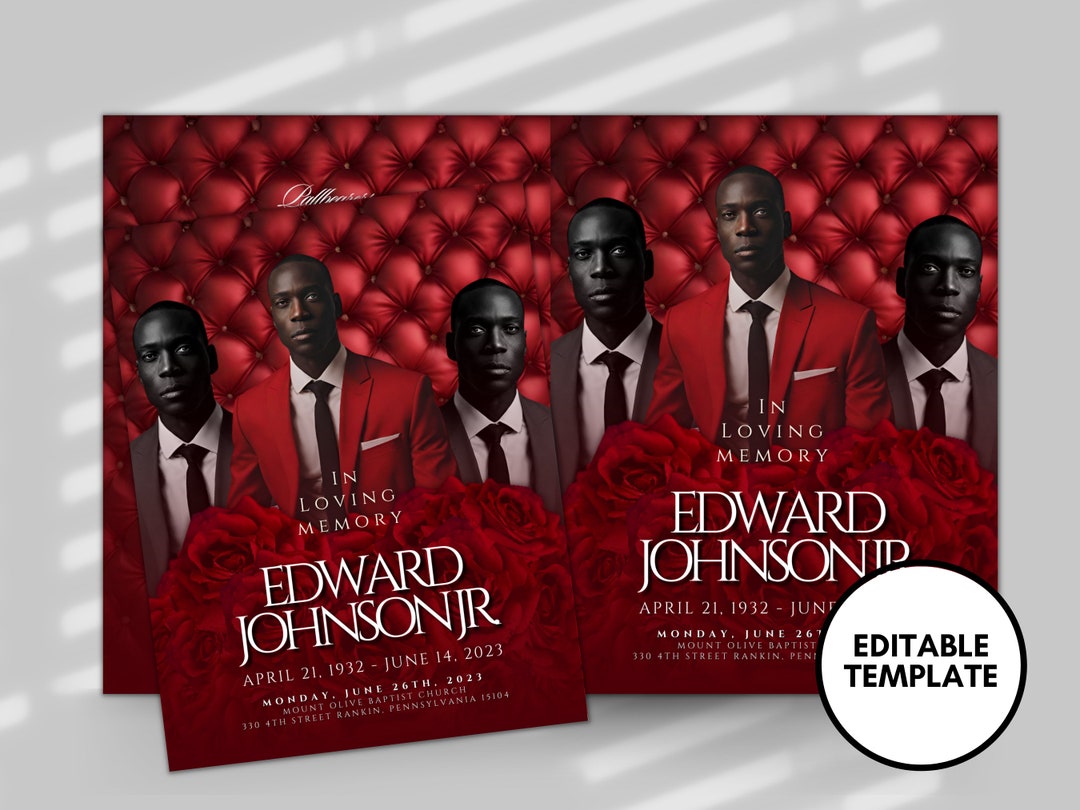 Red Roses Funeral Program Template: Celebration of Life (digital ...