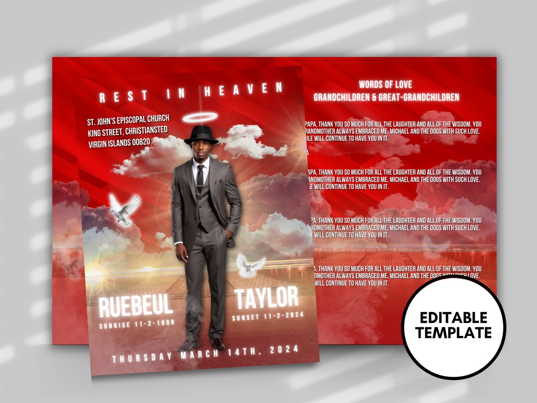 Funeral Programs 8.5X11 Editable Template 8 Page Mens Burgundy Red ...