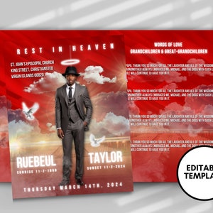 Funeral Programs 8.5X11 Editable Template 8 Page Mens Burgundy Red ...