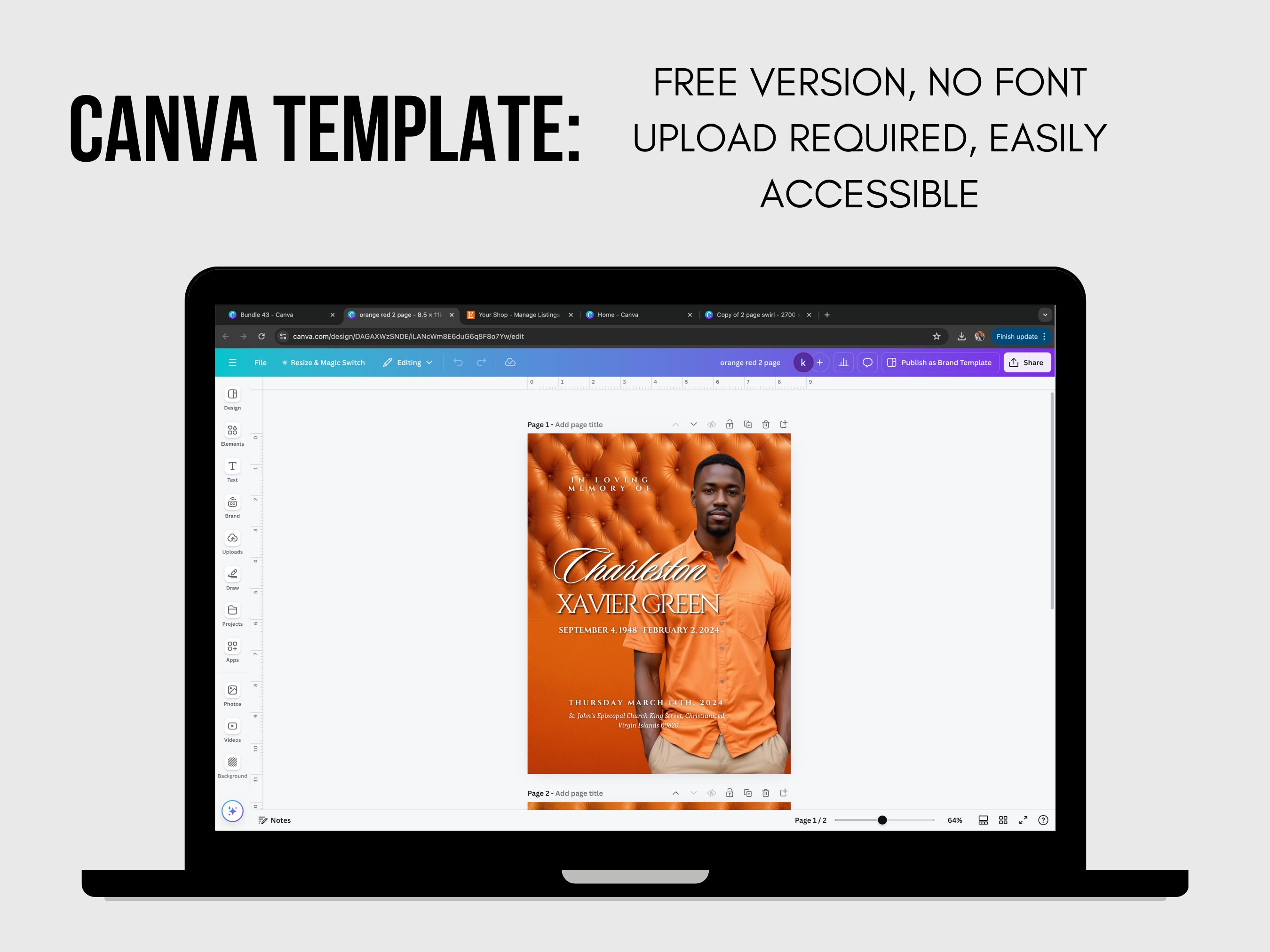 Men's Orange Funeral Program Template: in Loving Memory (DIY Canva) - Etsy