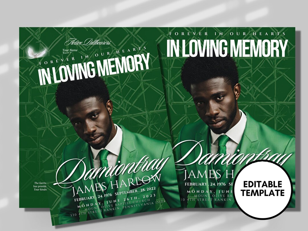Green Funeral Program Template: 8-page Memorial Booklet (digital ...
