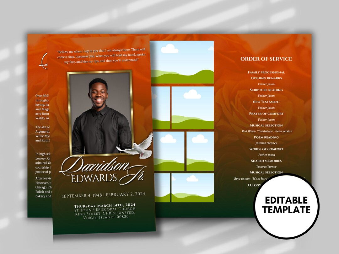 Orange & Green Ombre Funeral Program Template: Mens Trifold (17x11 ...