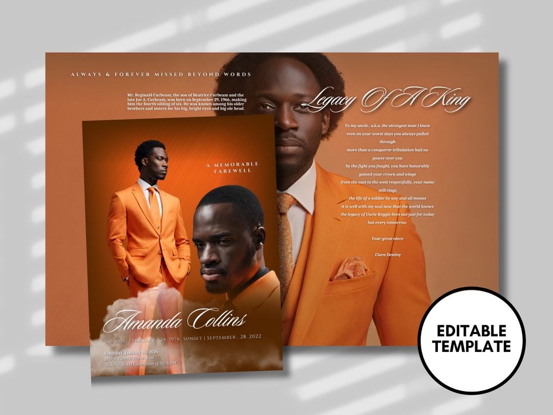 Men's Funeral Program Template: Orange Obituary, Celebration of Life ...
