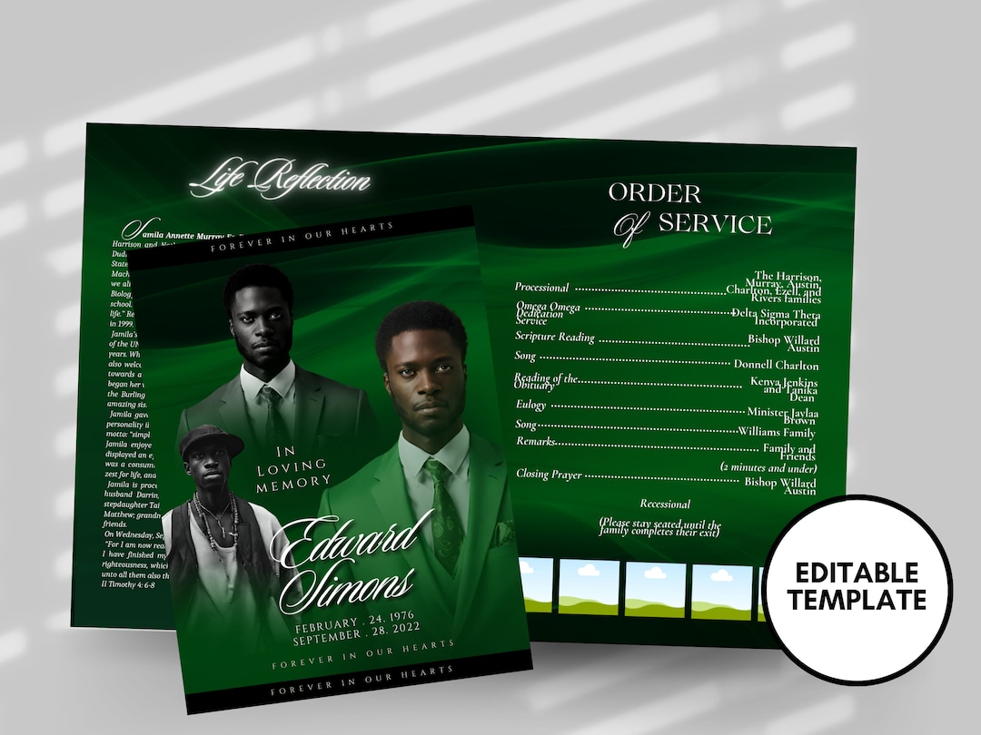 Green Funeral Program Template: Celebration of Life, Memorial (digital ...