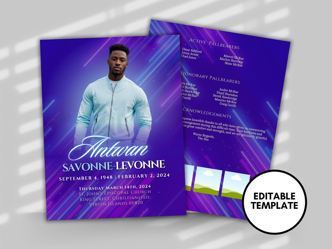 Funeral Programs Editable Template 2 Page 8.5x11 Mens TURQUOISE NEON ...