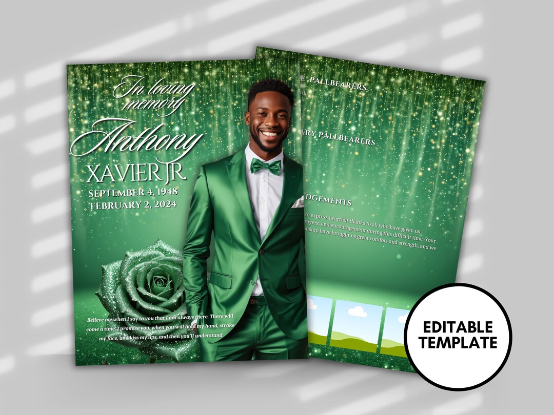 Green Sparkle Funeral Program Template: 2-page Memorial Booklet (8.5x11 ...