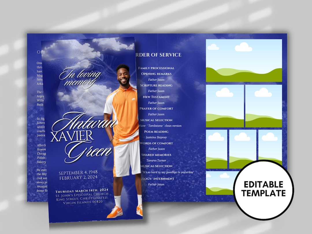 Blue Cloud Funeral Program Template: Large Trifold, DIY Canva (17x11 ...