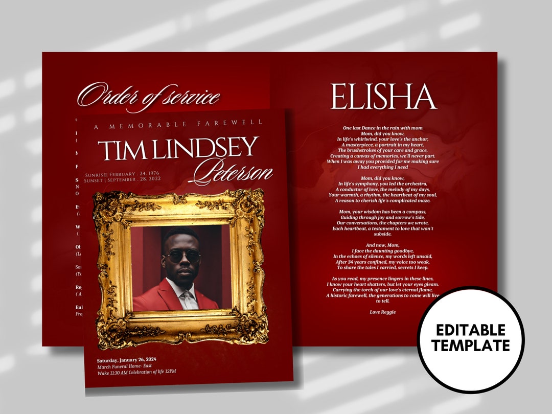 Red & Gold Obituary Template: Men's Funeral Program (canva Template) - Etsy