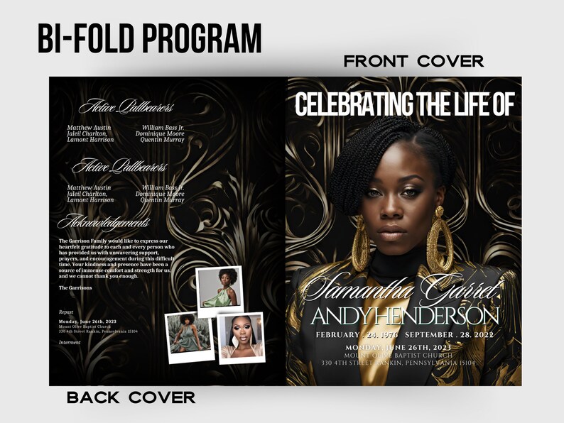 Black & Gold Funeral Program Template: Celebration of Life (digital ...