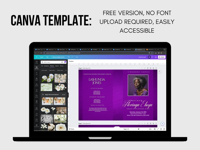 Purple Obituary Template: Women's Celebration of Life (canva Template ...