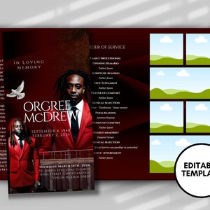 Funeral Program 17"x11"editable Templatetrifold Men's Red in Loving ...