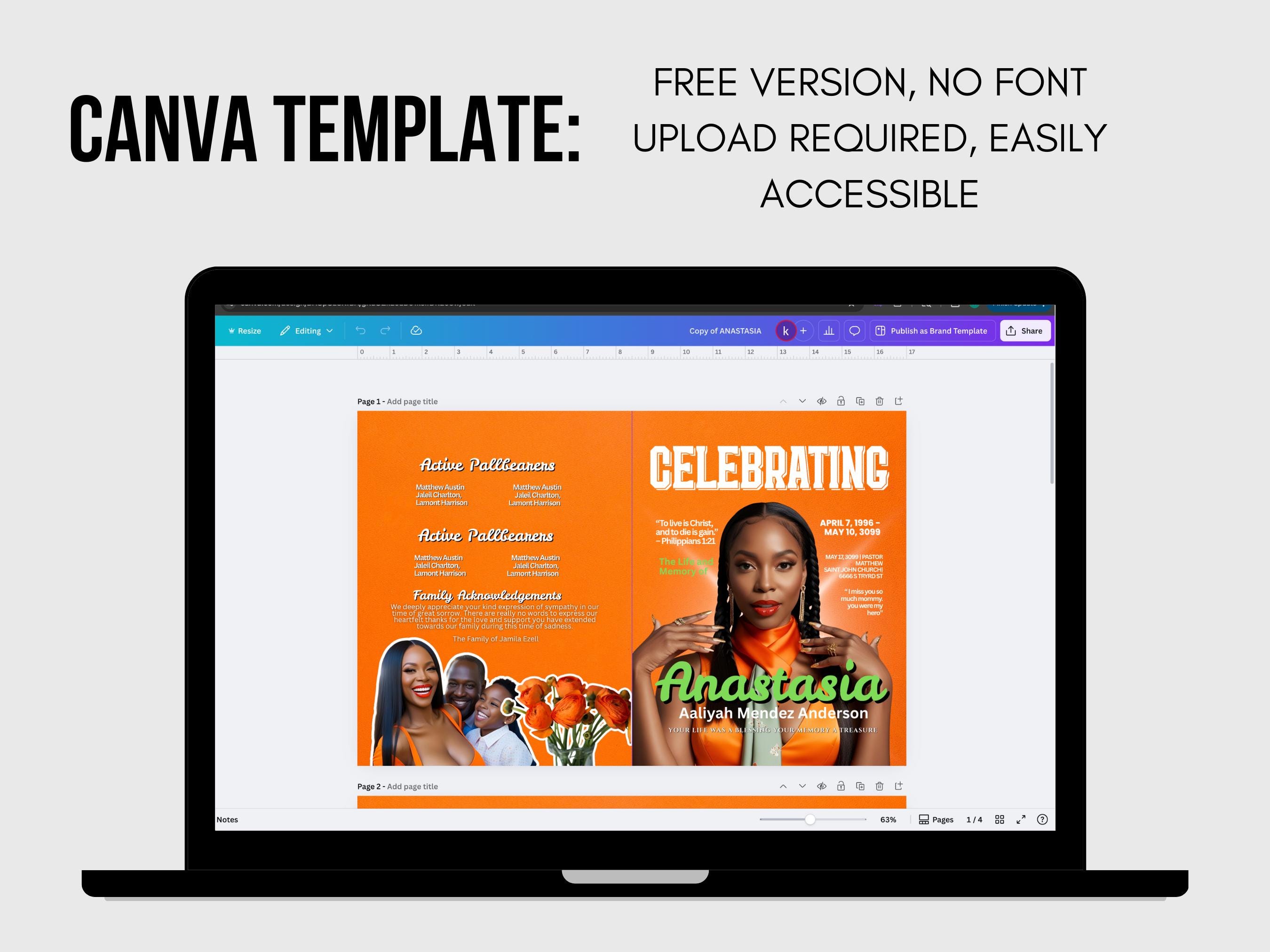 Orange Funeral Program Template: 8-page Memorial Booklet (digital ...