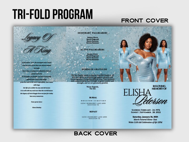 Turquoise Funeral Program Template: Trifold Memorial Booklet (17x11 ...