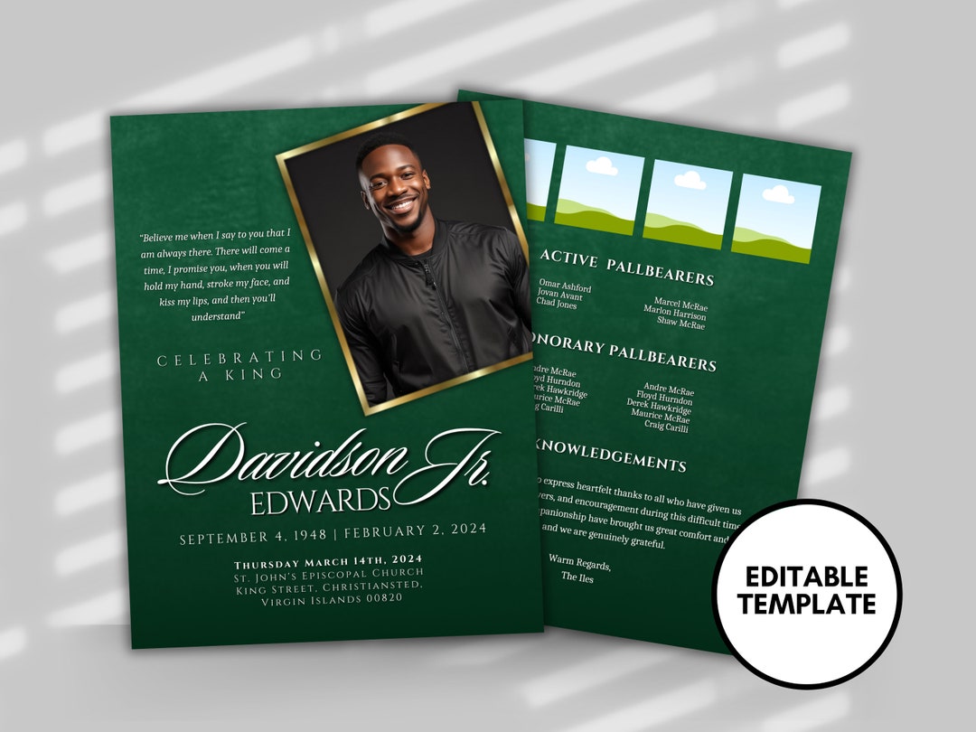 Green & Gold Funeral Program Template: Mens in Loving Memory (8.5x11 ...