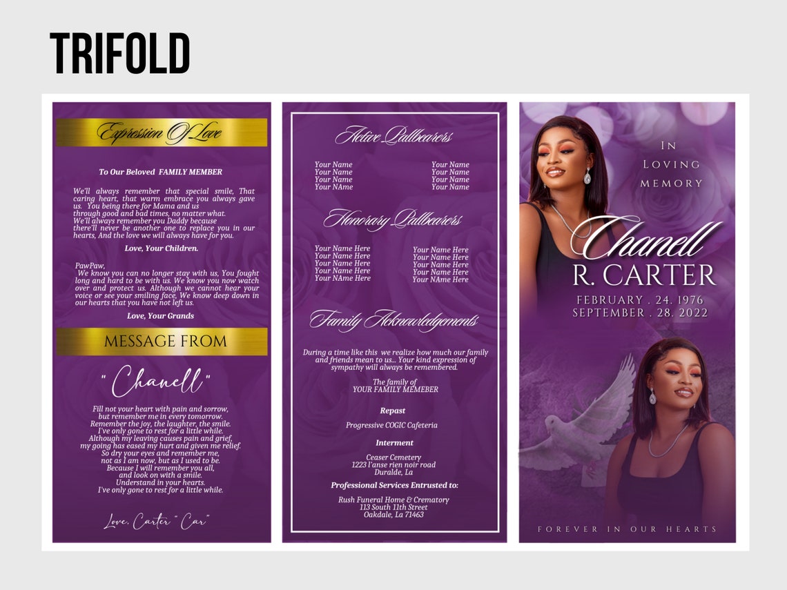 Elegant Funeral Program Template: Trifold Celebration of Life (digital ...