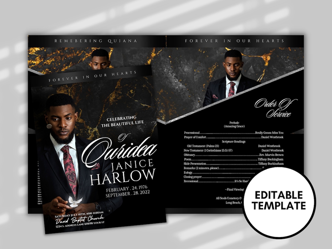 8.5"x 11" BLACK GOLD SILVER Obituary Funeral Program Template (4 Pages ...