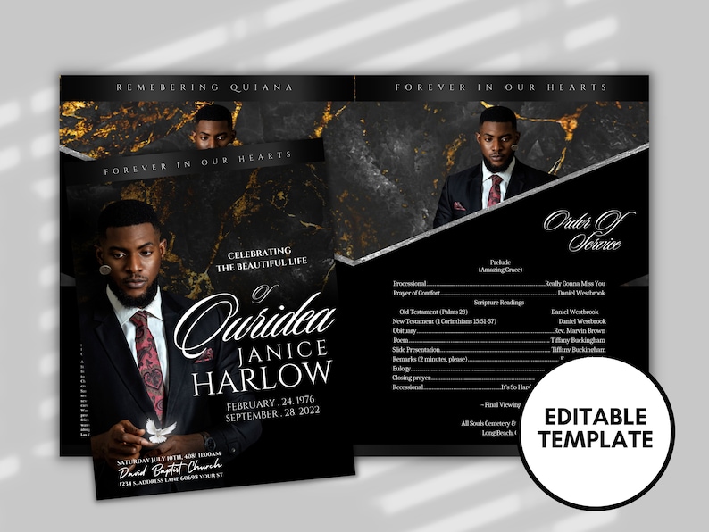 Black Gold Funeral Program Template: Celebration of Life (canva, 8.5 ...
