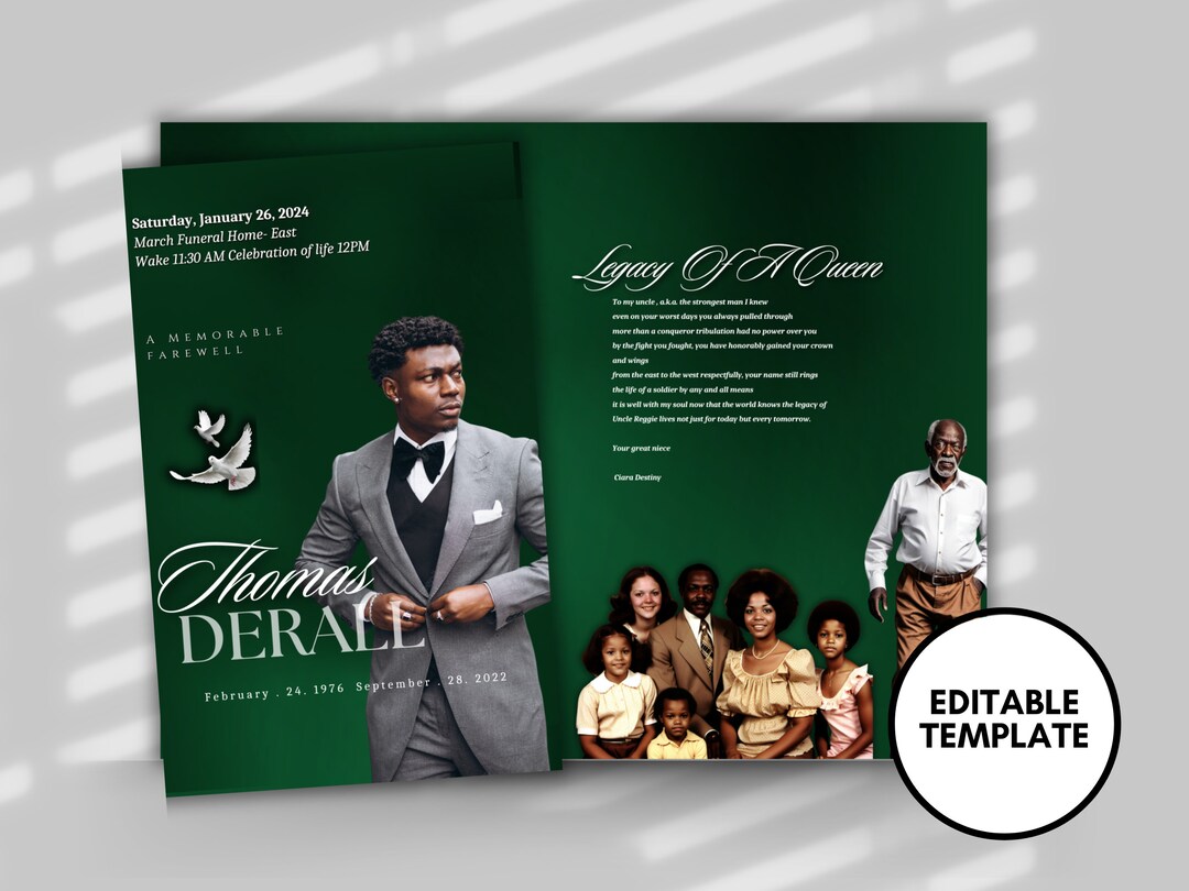 Men's Green Funeral Program Template: 8-page Brochure (DIY Canva) - Etsy