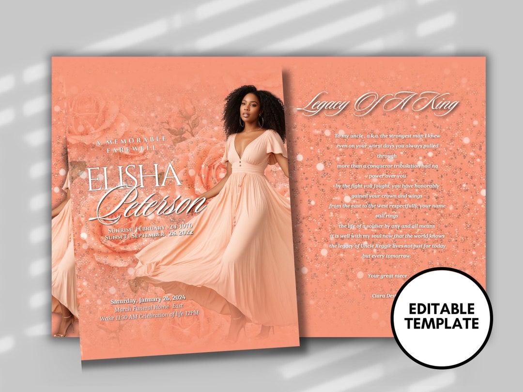 Peach Funeral Program Template: Women's Memorial Booklet (8.5x11 ...