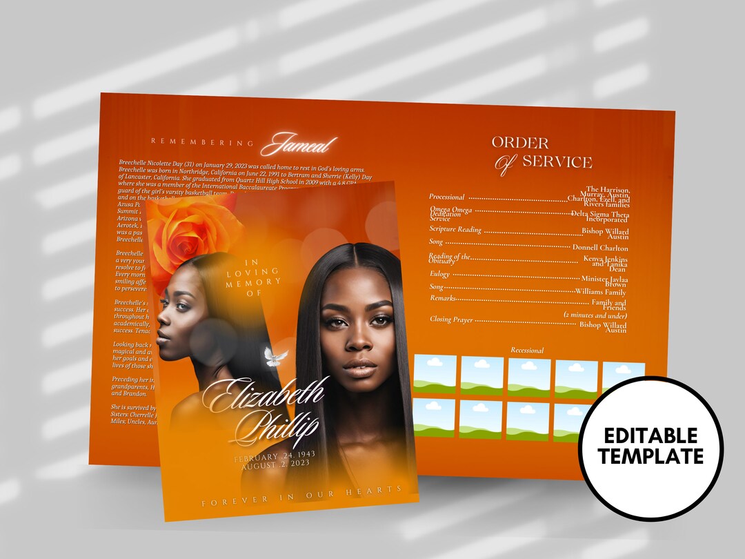 8.5"x11" Orange Sunset Memorial Program (4 Pages)|orange Women's Style ...