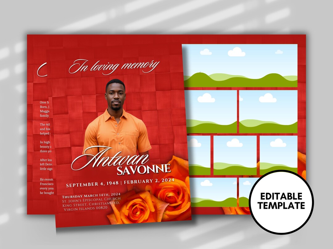 Men's Funeral Program Template: Orange Texture, 8-page Brochure (DIY ...