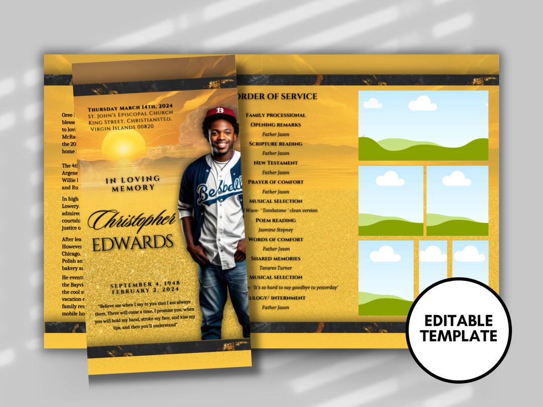 Funeral Programs 17x11 Editable Template TRIFOLD Mens Yellow & Black ...