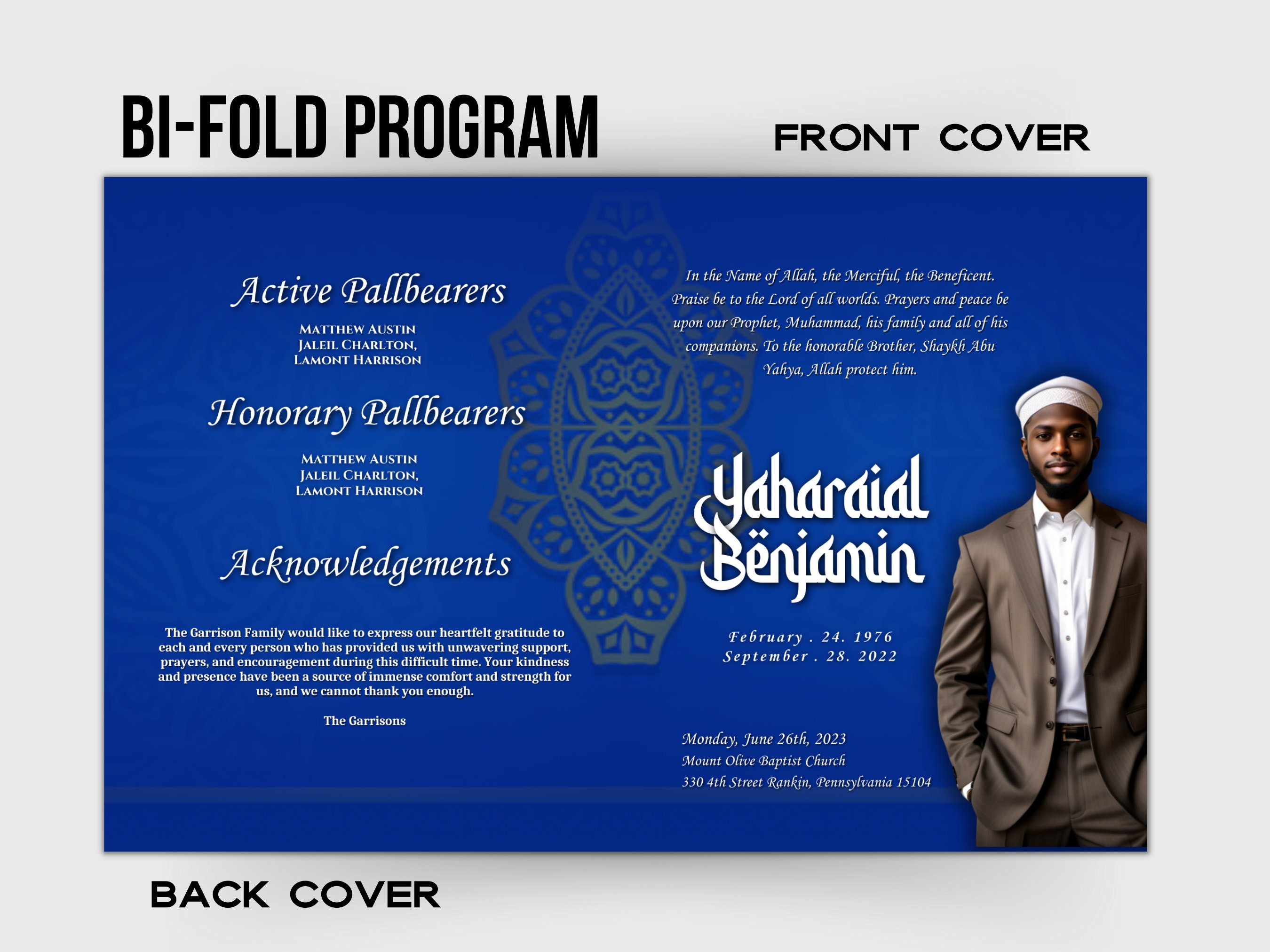 8.5x 11 Islamic Royal Blue Funeral Template 8 Pages Men's Muslim Style ...