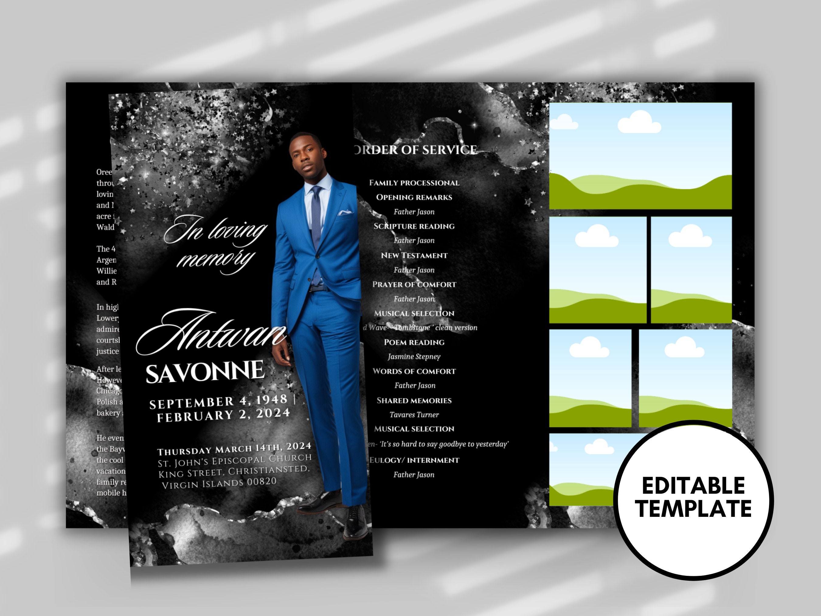 Mens Funeral Program Template: Silver Black Trifold (17x11 Editable) - Etsy