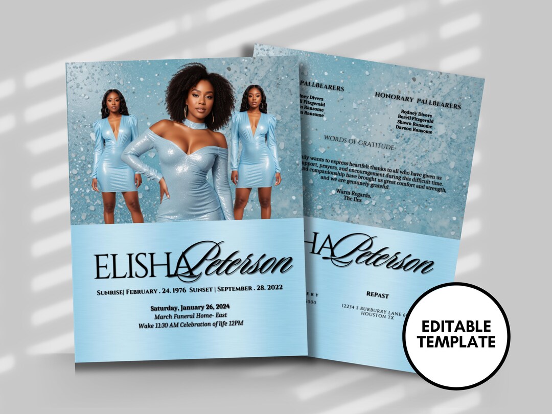 Funeral Programs 8.5x11 Editable Template 2 Page Women's Turquoise ...