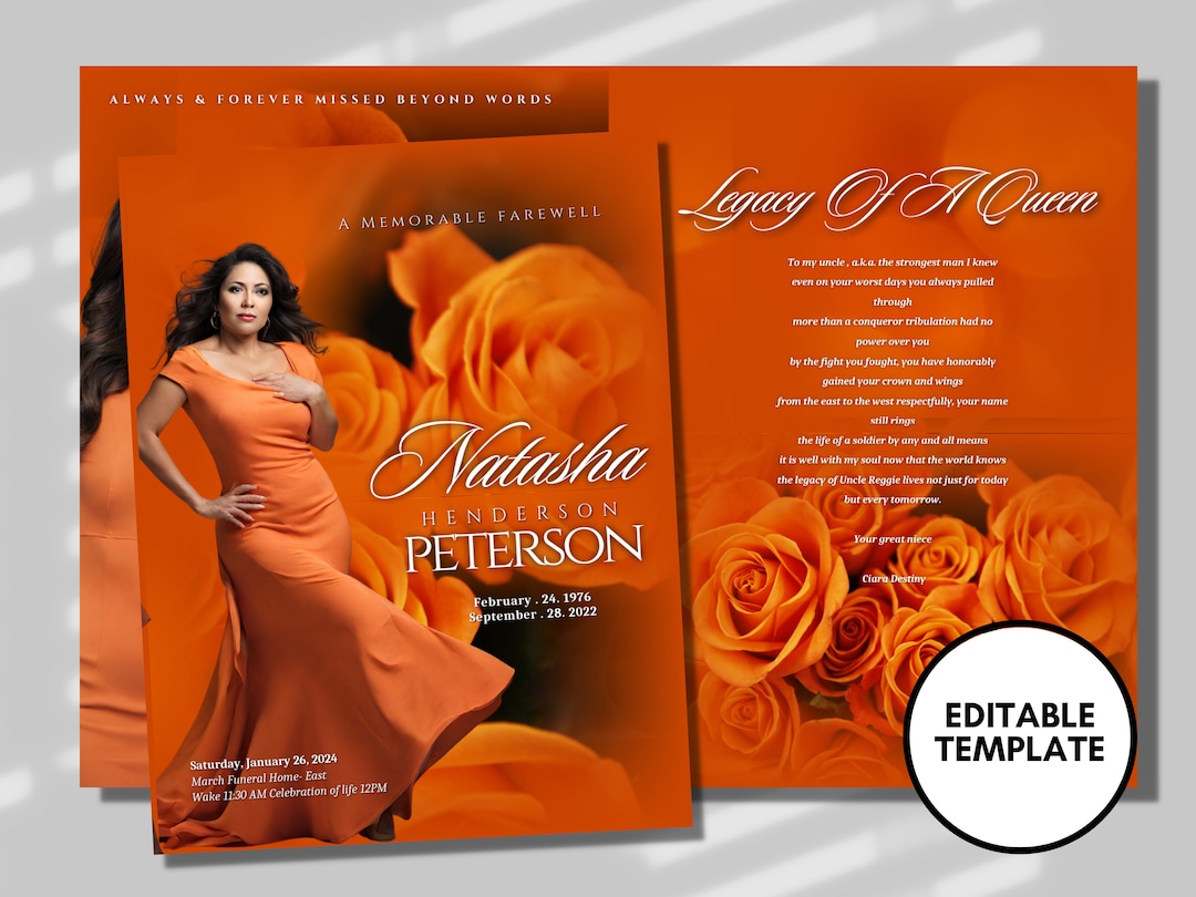 Orange Floral Funeral Program Template: 8-page Celebration of Life ...