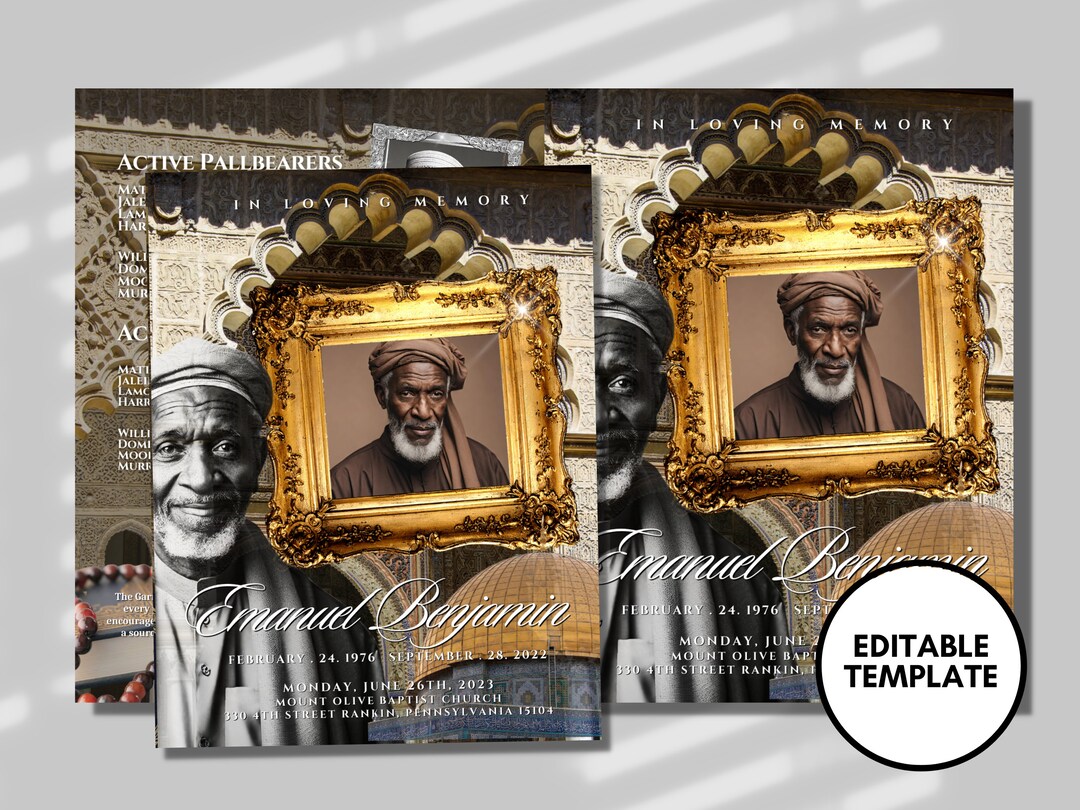 Gold Muslim Funeral Program Template: Men's Obituary (canva, 8.5"x11 ...