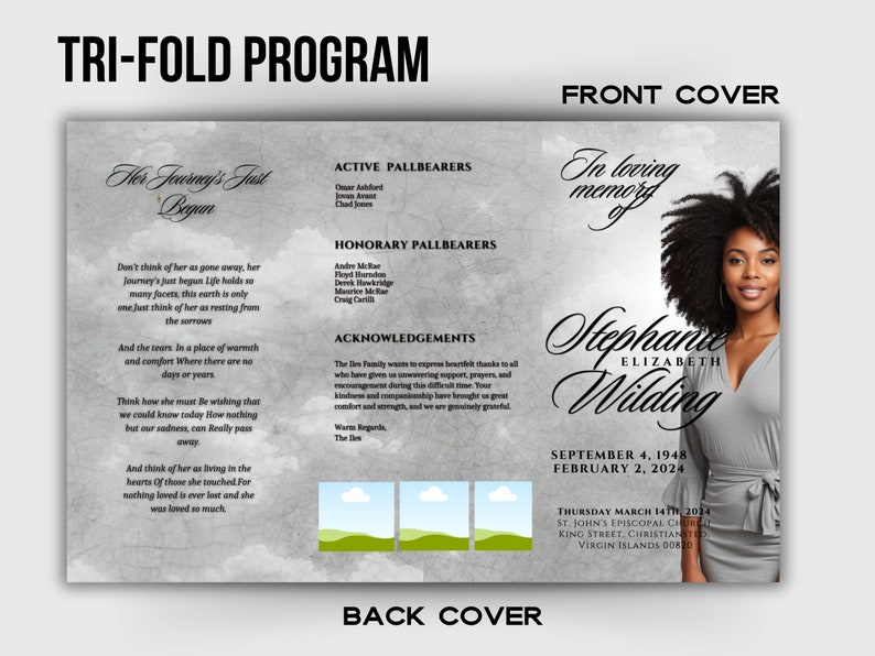 Women's Funeral Program Template: Grey Trifold Brochure (17x11 ...