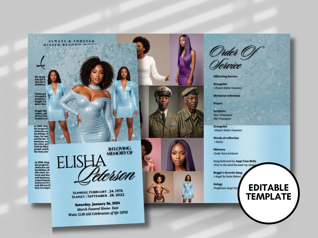 Funeral Program 17"x11" Editable Template TRIFOLD Women Turquoise in ...