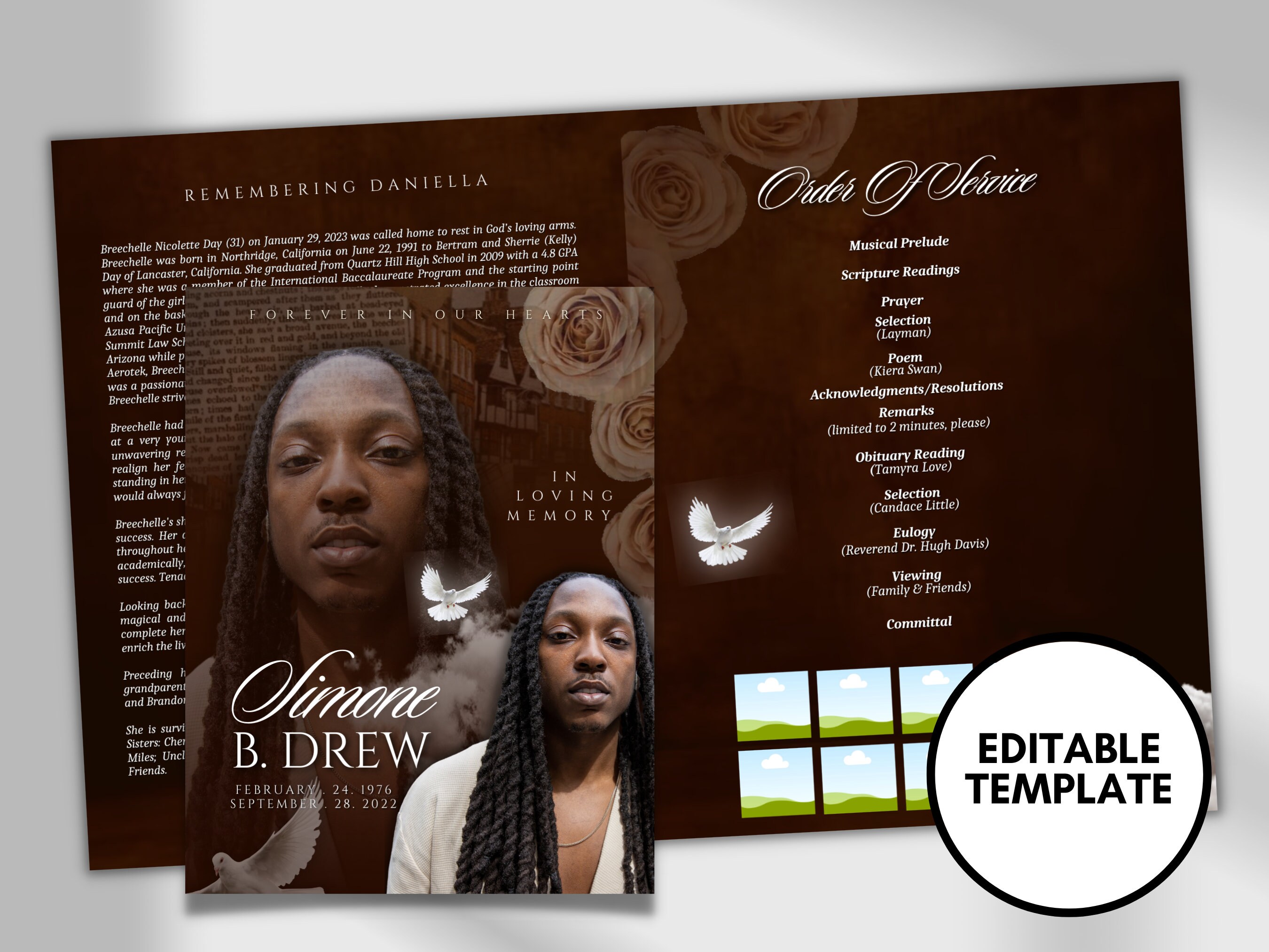 Brown & Gold Funeral Program Template: 4-page Memorial Booklet (digital ...
