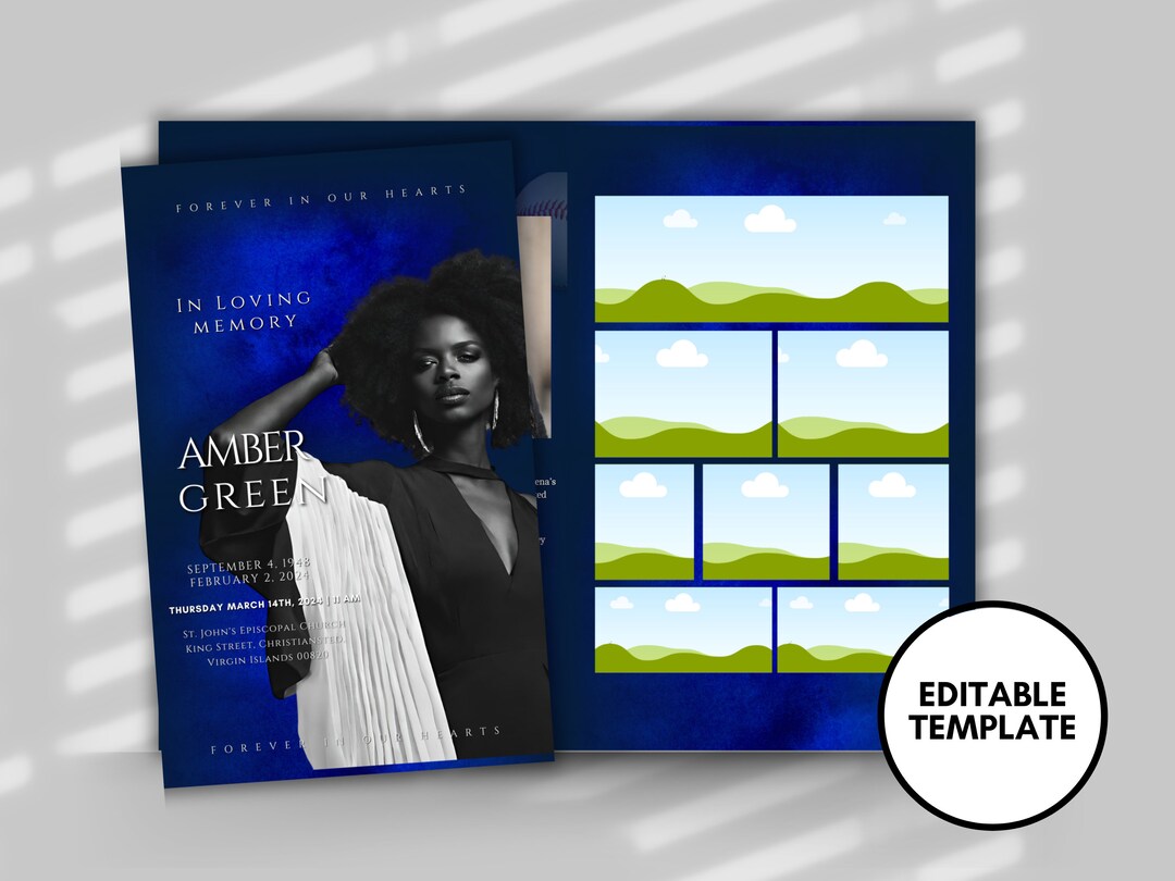 Women's Light Blue Funeral Program Template: 8-page DIY Brochure (5.5 ...