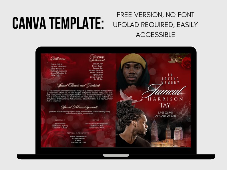 Red Roses Funeral Program Template: Celebration of Life (digital ...