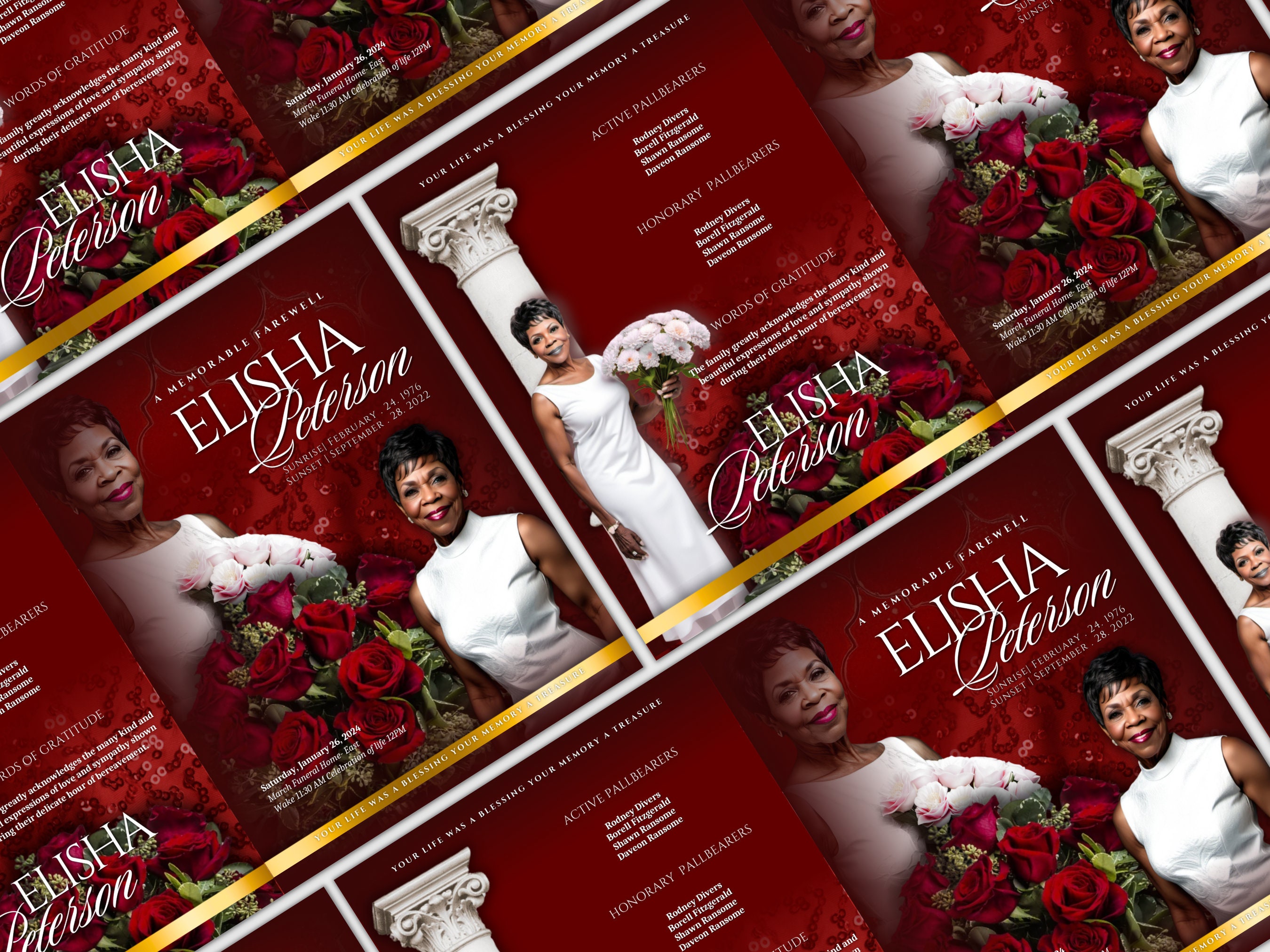 Red Rose Funeral Program Template: Celebration of Life (canva, 8.5x11 ...