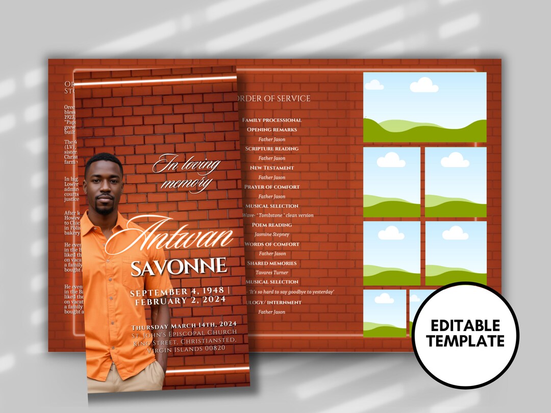 Funeral Programs 17x11 Editable Template TRIFOLD Mens Orange Brick in ...