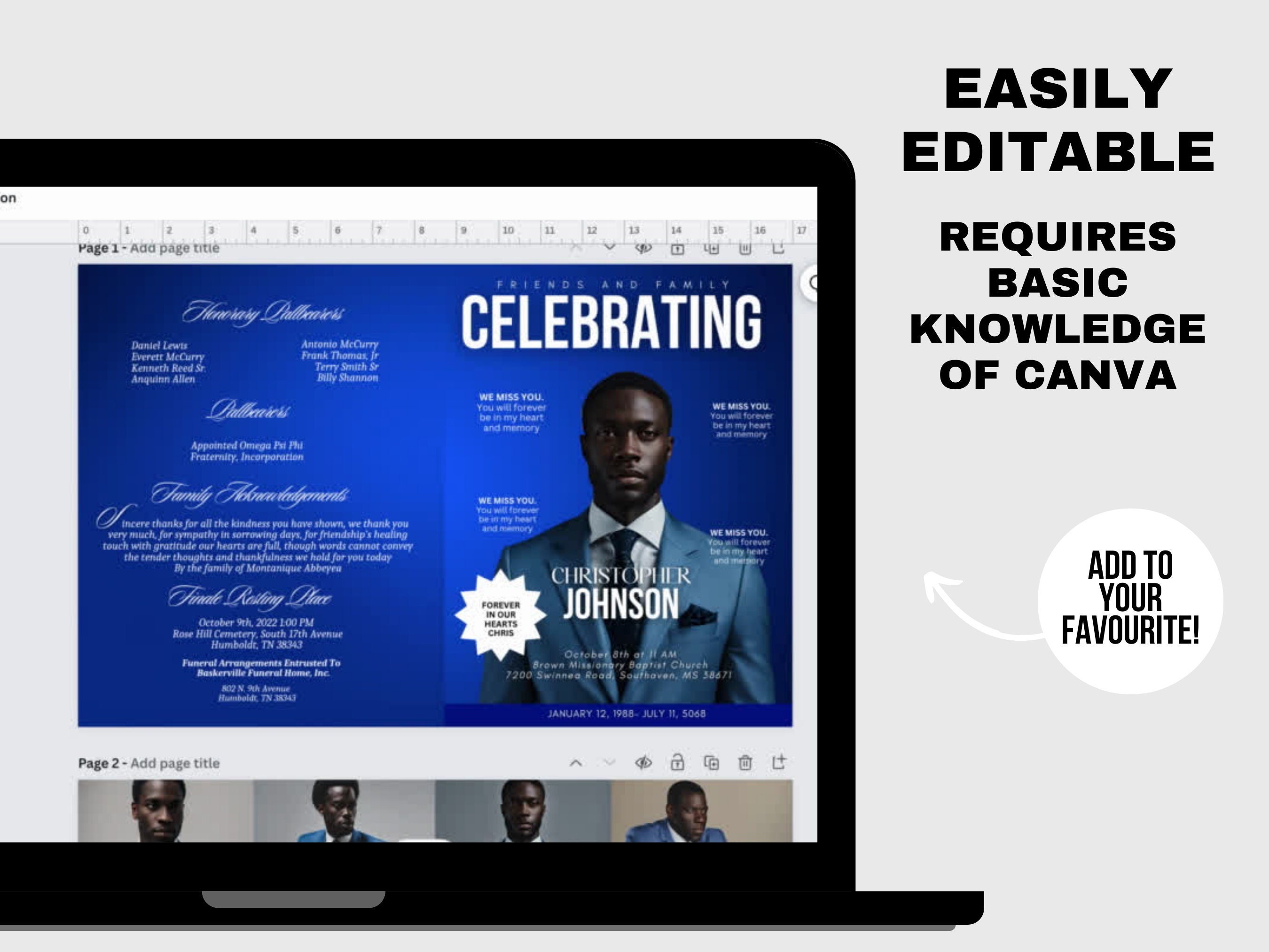 Blue Men's Style Funeral Program Template: Celebration of Life (digital ...