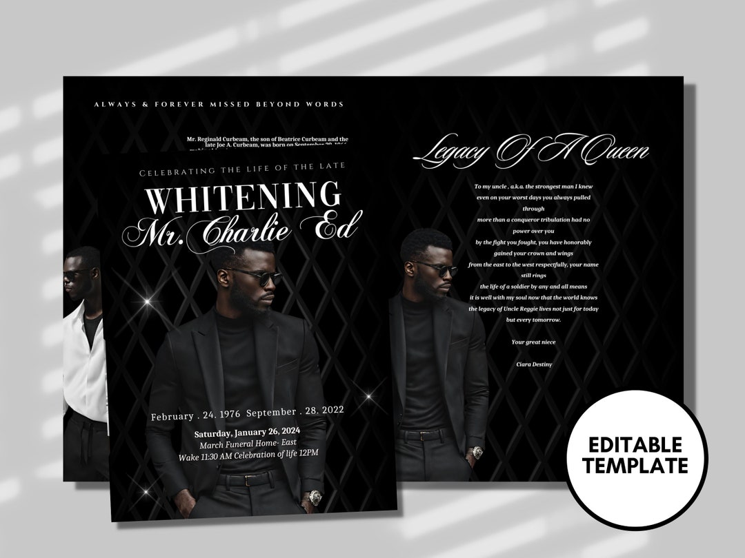 8.5"x 11" All Black Obituary Template (8 Pages) Men's Black Funeral ...