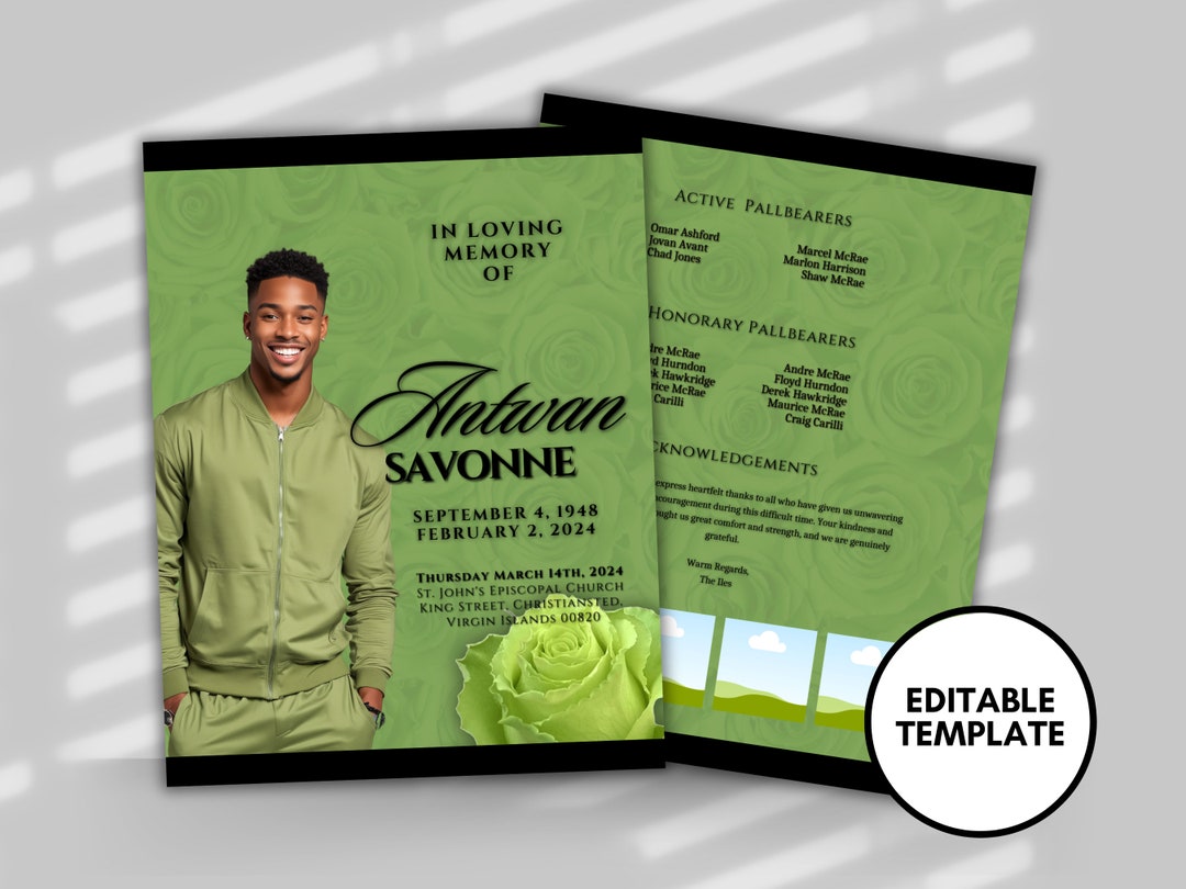 Funeral Programs Editable Template 2 Page 8.5x11 Mens Lime Green ...