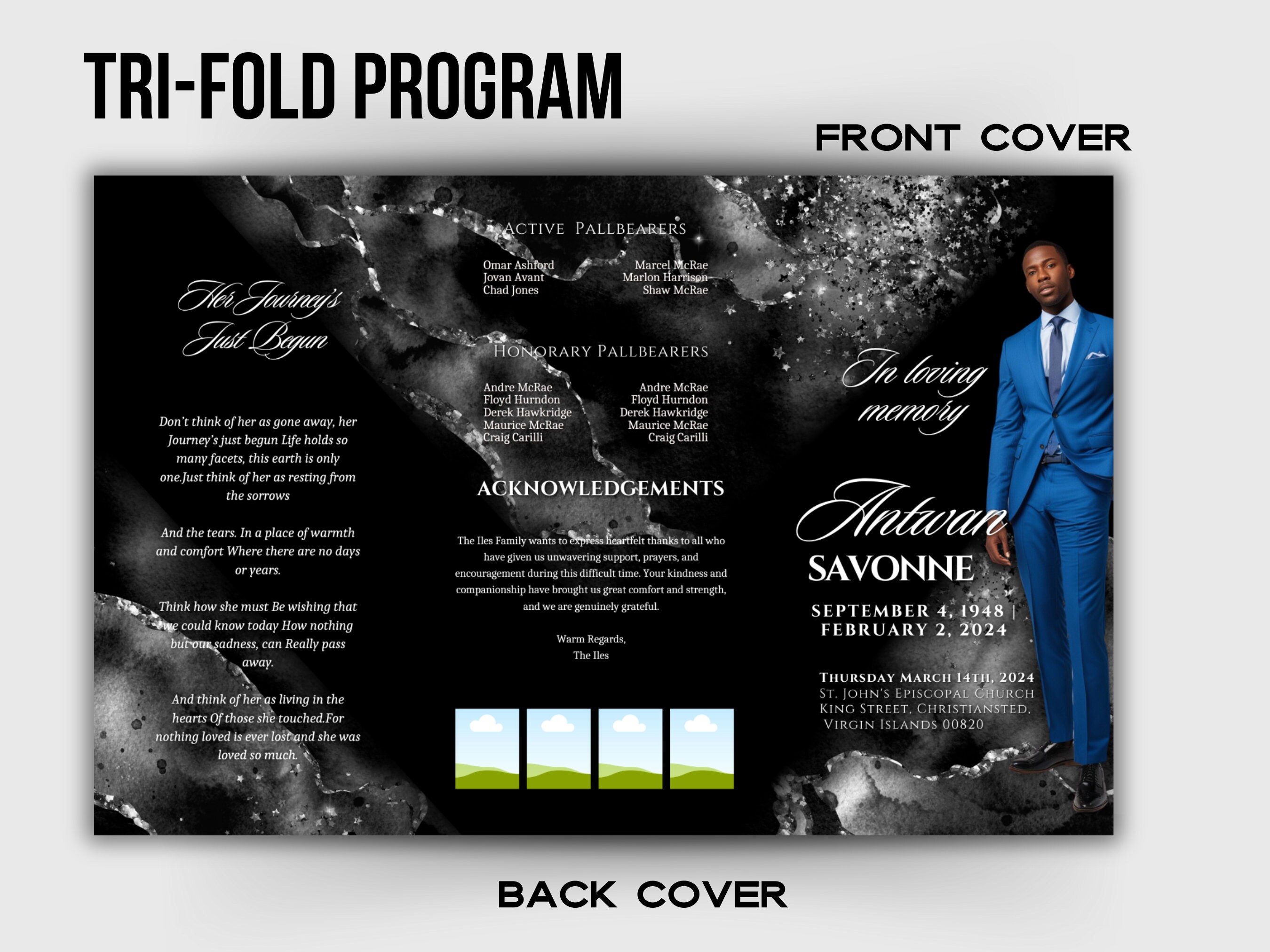 Mens Funeral Program Template: Silver Black Trifold (17x11 Editable) - Etsy