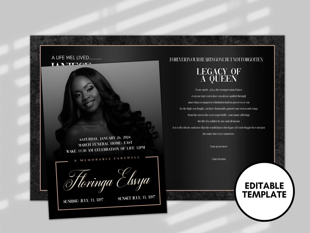 8.5"x 11" Black Women's Obituary Template (8 Pages) Women's Style ...