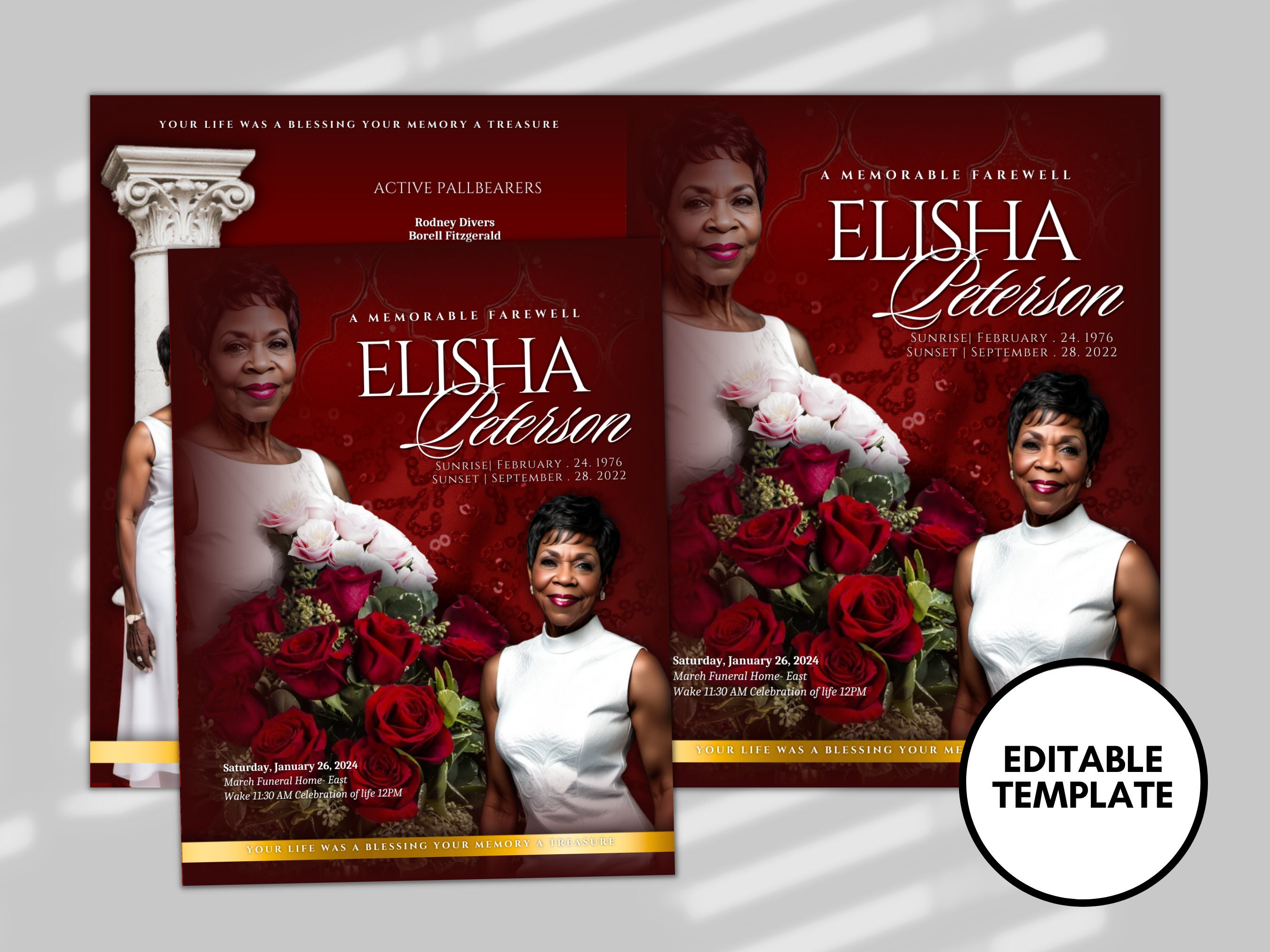 Red Rose Funeral Program Template: Celebration of Life (canva, 8.5x11 ...