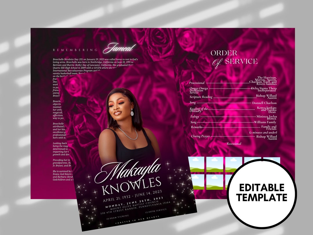 8.5"x 11" PINK Obituary Template (4 Pages) |dark Pink Style Funeral ...