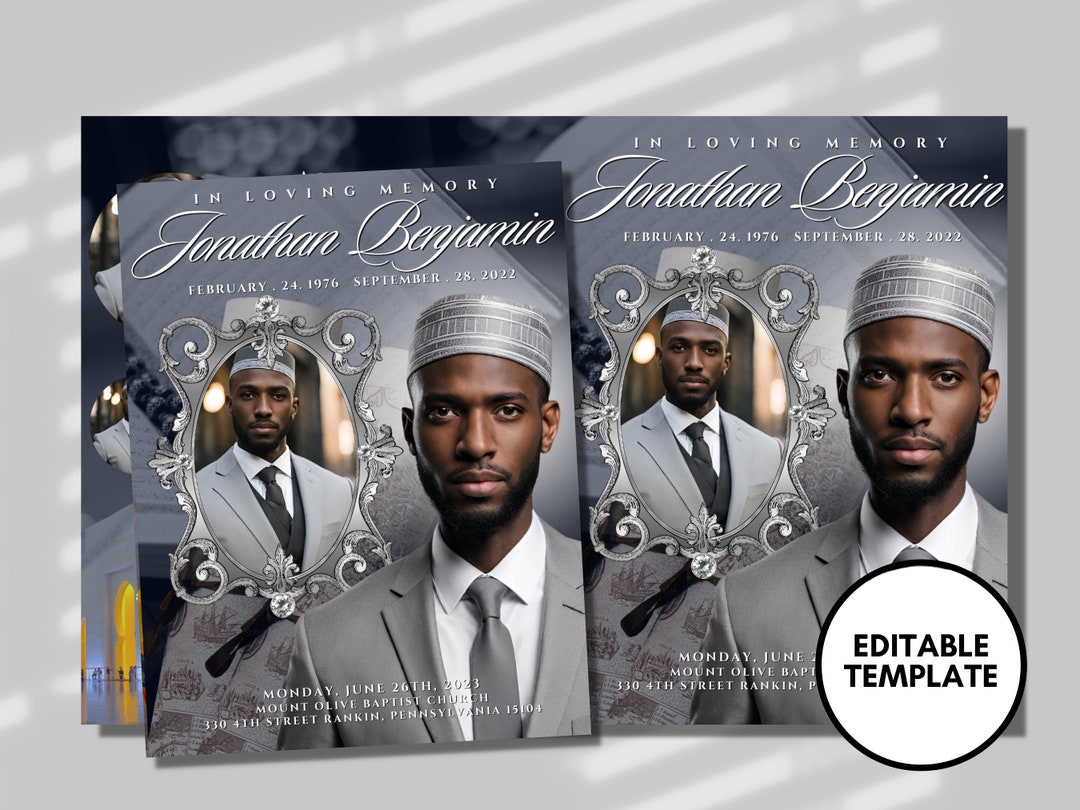 Men's Muslim Style Obituary Template: Dark Gray Funeral Program (canva ...