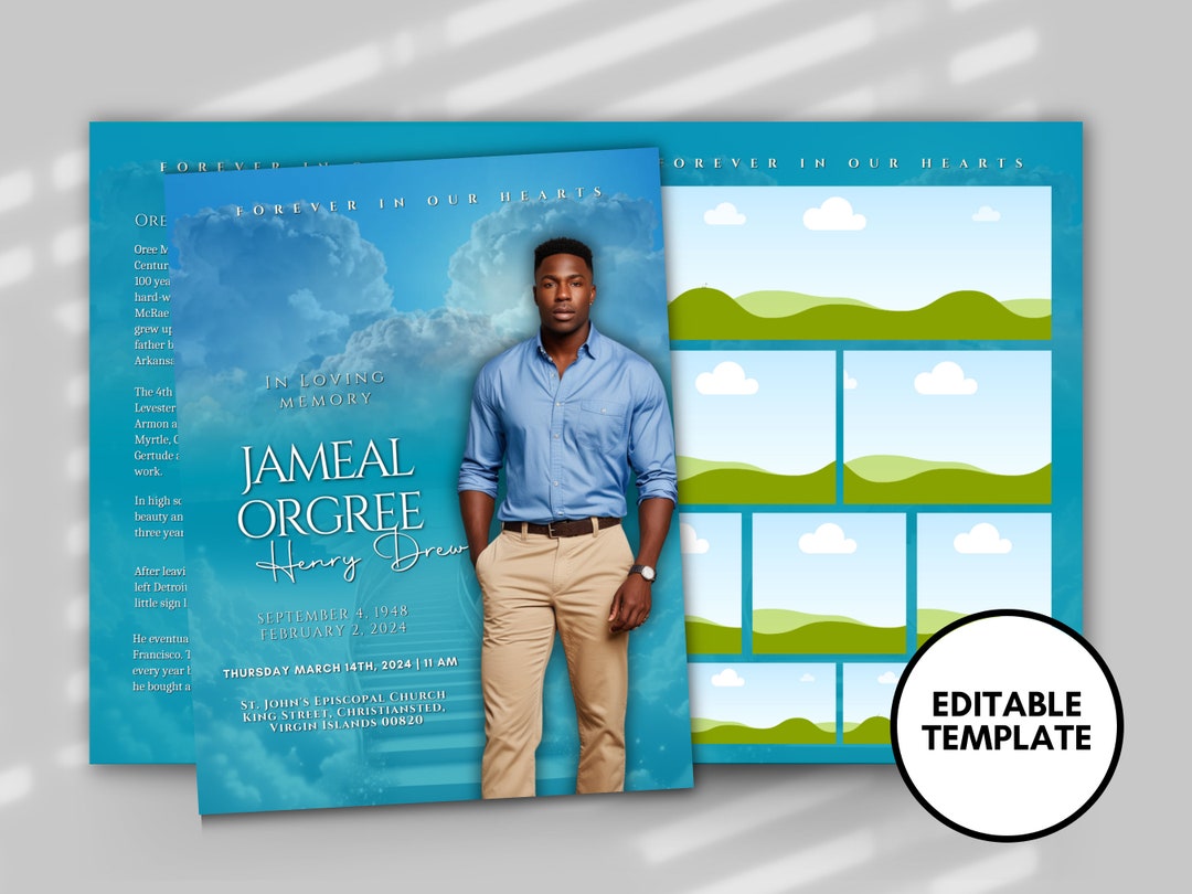 Mens Turquoise Funeral Program Template: 8-page Memorial Booklet (DIY ...